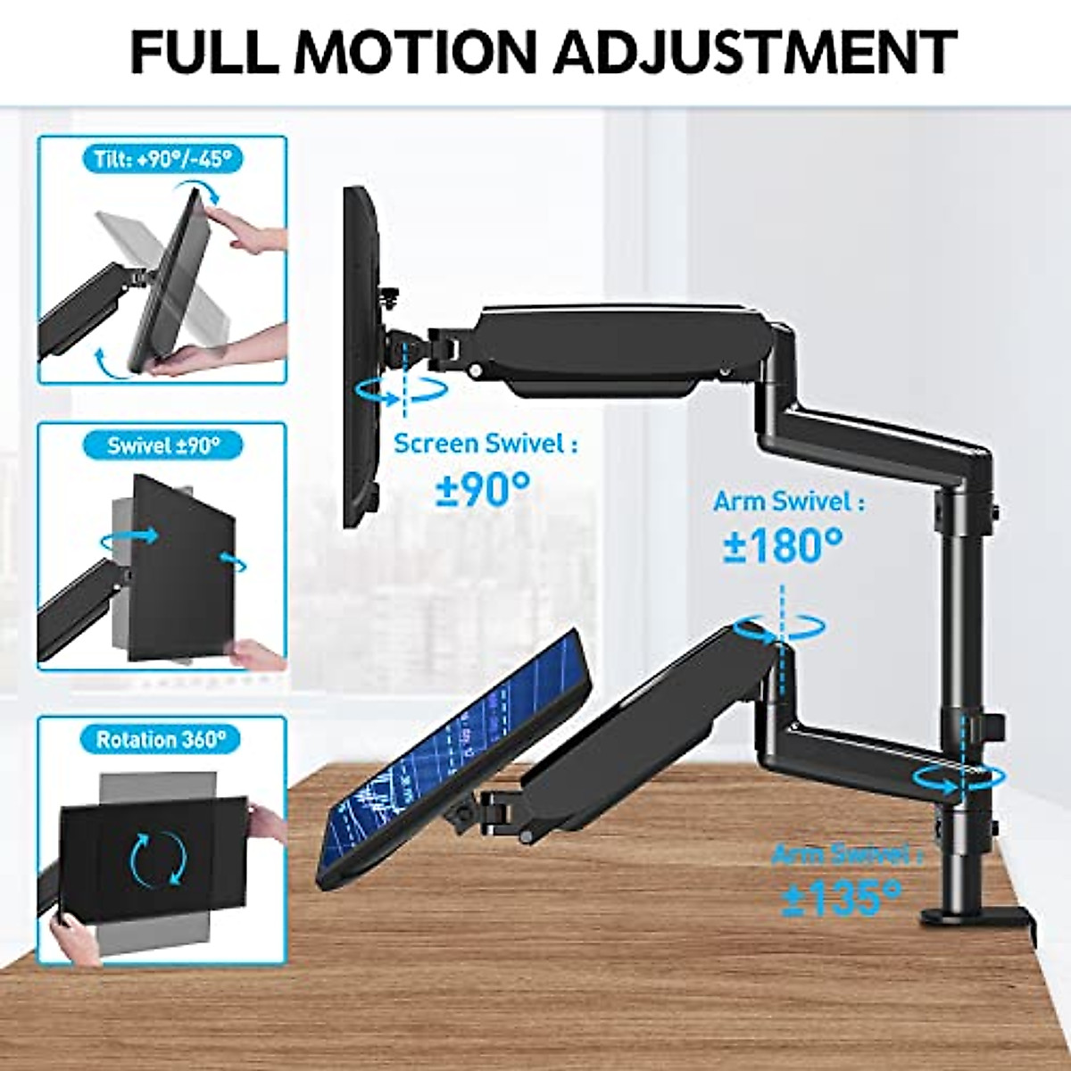 MOUNTUP Dual Monitor Mount, Height Adjustable Gas Spring Monitor Arm Desk Mount for 2 Computer Screens up to 32 Inch, Double Monitor Stand Each Holds 4.4-17.6 lbs, Fits VESA 75x75mm & 100x100mm MU0026