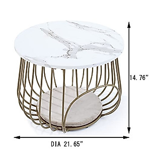 Moncot 22" Round Coffee Table,Cocktail Table MDF Top White Marble Pattern Gold Metal Frame,Modern Coffee Table with Openning Cat House for Living Room(White Marble+Gold)