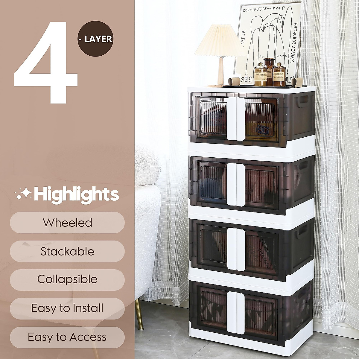 Sea Team 4-Pack Stackable Plastic Storage Bins with Lids, 8.4 Gal Collapsible Closet Organizers, Lidded Large Storage Baskets with Wheels Doors and Handles, White