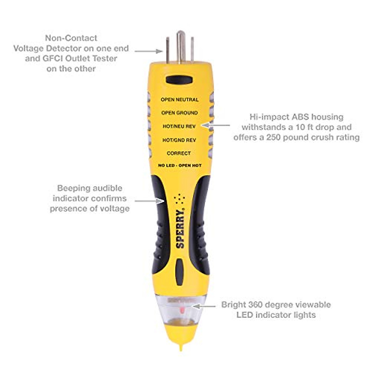 Sperry Instruments VD7504GFI DualCheck 2-in-1 Non-Contact Voltage Detector + GFCI Outlet Circuit Analyzer, 360° Visual & Audible Indicators, 50-1000V AC, 250 lb. Crush Rating