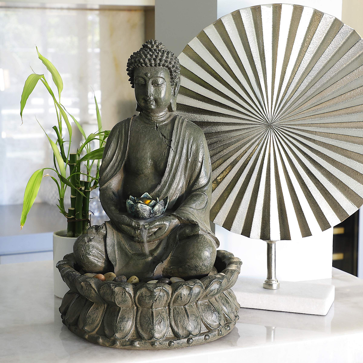 Alpine Corporation 19" Tall Indoor/Outdoor Tabletop Meditating Buddha with Lotus Flower Fountain with LED Light,Beige