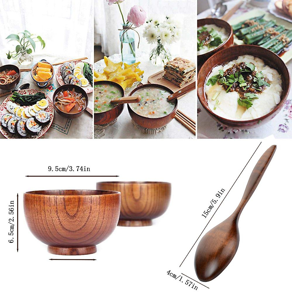 MOTZU 4 Pieces Jujube Wooden Spoons, 2 Pieces Jujube Wooden Bowls, Wood Flatware Cutlery, Tableware Eating Utensils, Grain/Natural Snack Bowl Serving Dish Food Container Tableware Bowl Spoon