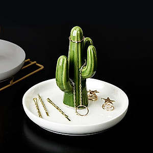 Elsjoy Set of 2 Aloe and Cactus Ring Holder Dish, Ceramic Plant Jewelry Dish Bracelet Earrings Necklace Organizer Tray, Decorative Succulent Trinket Dish for Wedding, Birthday Gifts, Home Decor