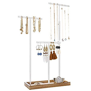 SONGMICS 2-in-1 Jewelry Display Stand Holder, Jewelry Rack Tree with 3 T-Shape Metal Bars with Holes, Storage Tray, Adjustable, Long Necklace Bracelet Earring Ring, Rustic Brown and White UJJS016W01
