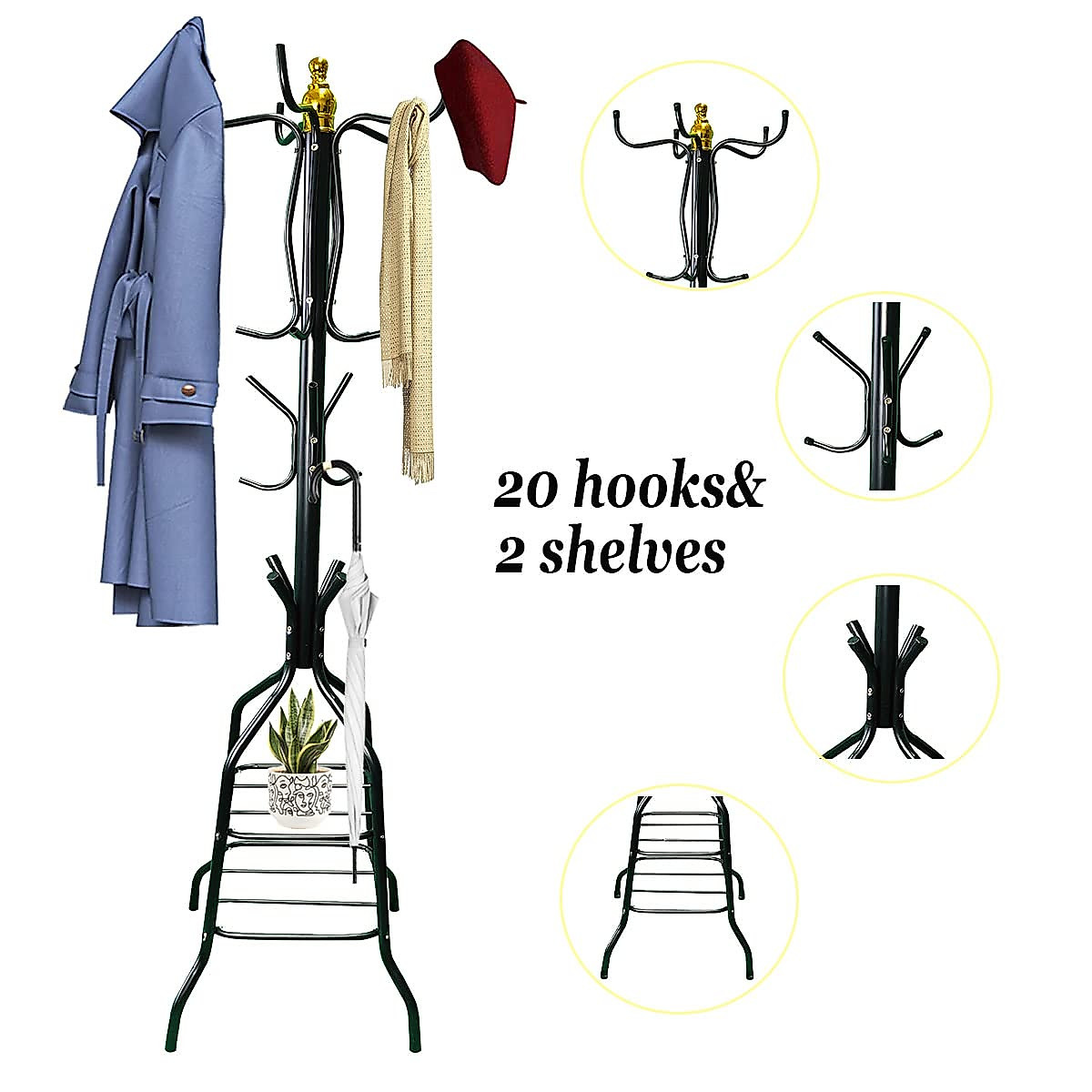 ANAMPION Coat Rack Free Standing Entryway Metal Coat and Hat Hanger Organizer Stand With 20 Hooks Hall Tree stand with 2 shelves Umbrella Tree Stand Black…