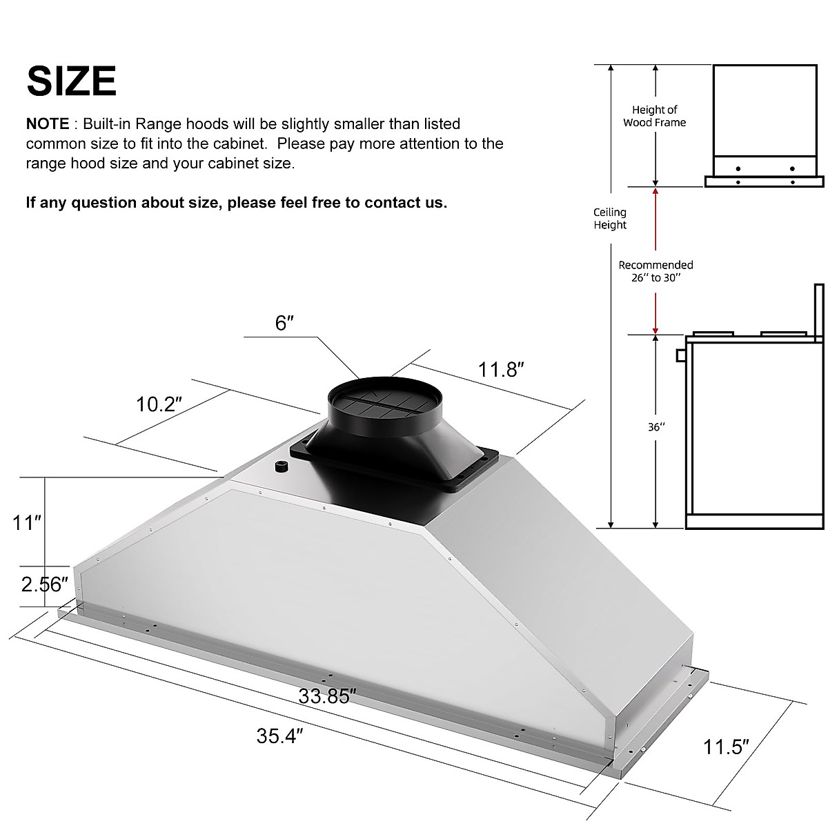 BRANO Range Hood Insert 36 Inch, 900 CFM Smart Voice/Gesture/Touch Control, 4 Speed Exhaust Fan, Stainless Steel Kitchen Hood with Charcoal Filter, Ducted/Ductless Convertible