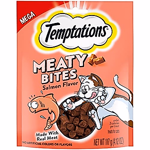 TEMPTATIONS Meaty Bites, Soft and Savory Cat Treats, Salmon Flavor, 4.12 oz. Pouch