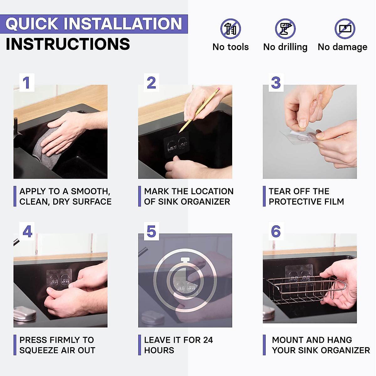 KINCMAX Adhesive Sink Organizer Sponge Holder+Dish Cloth Hanger, 2 in 1, Ideal for Removable Hanging Sink Caddy Brush Holder or Adhesive Sink Rack Dish Drainer, SUS304 Rust Proof,No Drilling