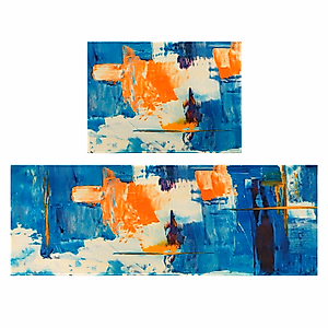 Fuoxowk Turquoise Teal Modern Abstract Kitchen Rug Set,Blue Orange Artistic Painting Decorative Runner Rugs with Rubber Backing,Throw Rugs Washable for Kitchen Sink,Laundry Room,Standing Desk,Boho