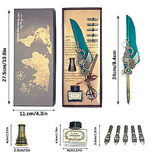 KYLLOG Quill Pen,Mechanical Wing The Feather Pen,Vintage Quill Dip Pen Handmade Feather Pen Calligraphy Pens Set,5 Replacement Nibs,Pen Stand Base,Vintage Quill Signature Pen (green)