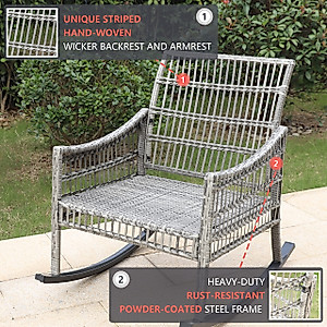 MUPATER 3-Piece Outdoor Rocking Chair Wicker Bistro Set with Table and Cushions, Patio Rattan Rocker Bistro Set for Porch, Grey