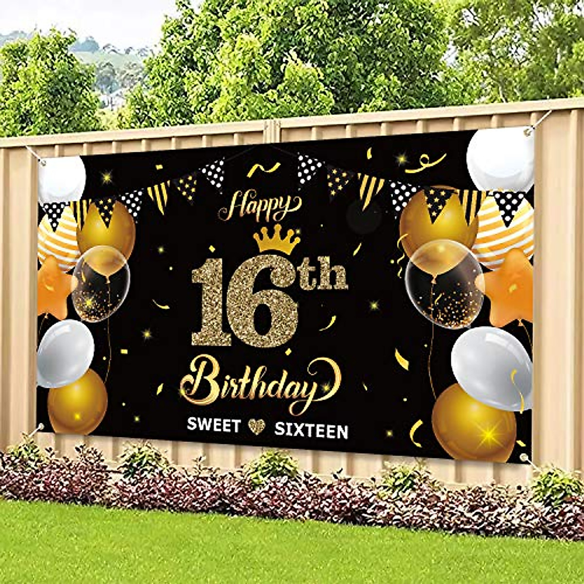 WATINC Happy 16th Birthday Backdrop Banner Background Banners 78” x 45” XtraLarge Backdrops Balloons Black Gold Party Decorations Supplies for Indoor Outdoor Photo Booth Props