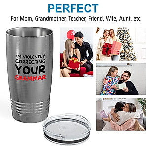 English Teacher Silver Edition Viking Tumbler 20oz - I'm violently correcting - English Teacher Commas Save Jokes School Punctuation Synonym Writing Linguistic