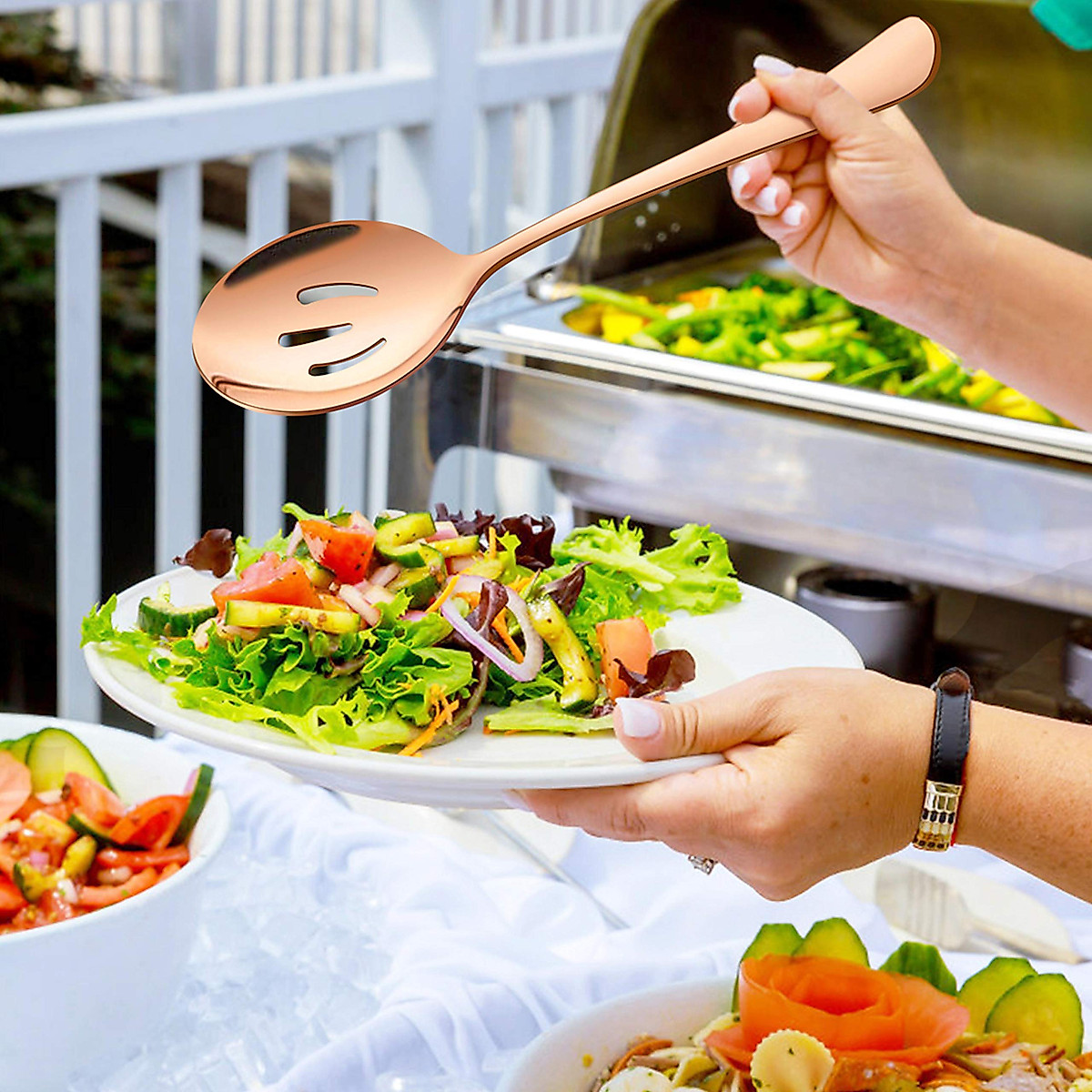 LIANYU 6-Piece Copper Serving Spoons, Copper Slotted Serving Spoons, Stainless Steel Rose Gold Serving Utensils for Party Buffet Restaurant Banquet Dinner Catering, 8 3/4 Inch, Dishwasher Safe