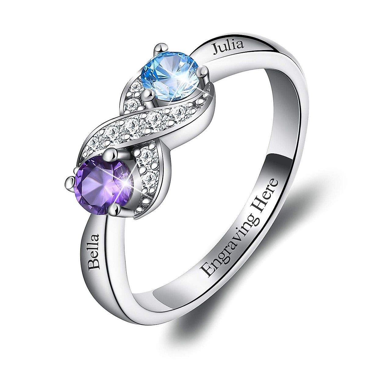 Madeone 925 Sterling Silver 14K Gold Plated Personalized Mother Rings Infinity Gem Rings Customized with 2 Birthstone 2 Names&1 Engraving Wedding Promise Rings Christmas Jewelry Gifts for Women