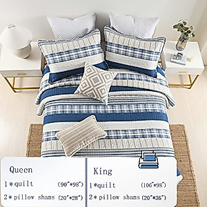 YUMIYUSHI Quilt Queen Size - Cotton Striped Queen Quilt Set,Navy Blue Tan White Plaid Queen Quilt Bedding Set ，Farmhouse Bedspreads Lightweight Reversible 3 Piece