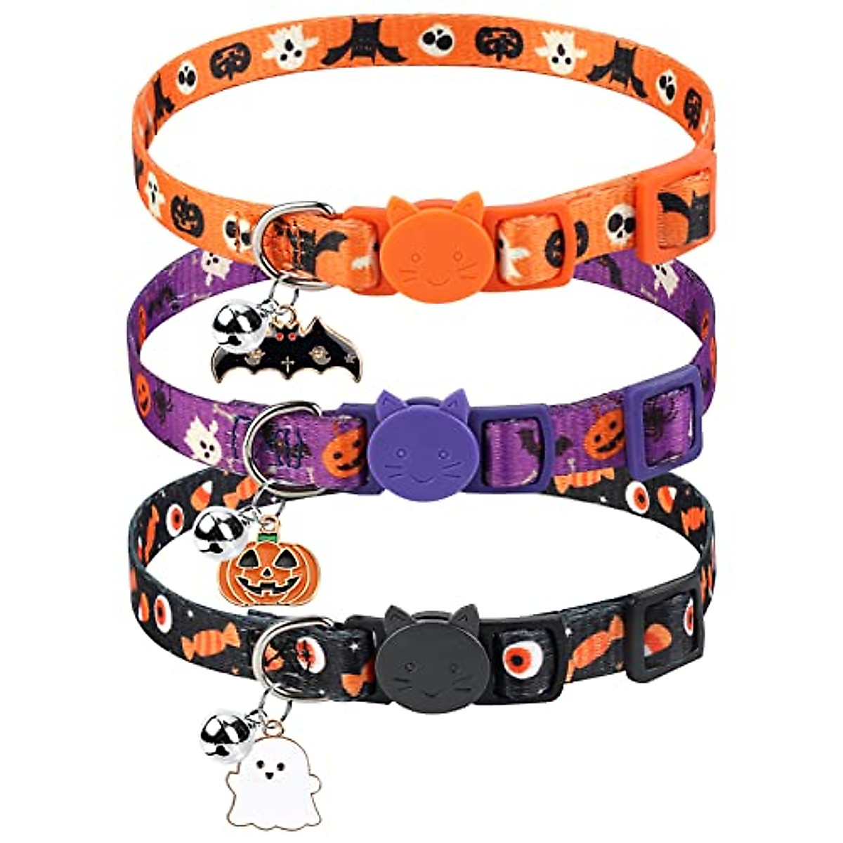 3 Pack Halloween Cat Collars with Pumpkin, Ghost, Bat Ornament, Breakaway Adjustable Pumpkin Cat Kitten Collars for Halloween Cats Kittens Costume Decorations