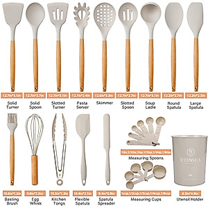 Hvygss 26Pcs Kitchen Utensils Set with Holder, Large Silicone Cooking Utensils Set for Nonstick Cookware Wooden Handle Spatulas Silicone Heat Resistant Kitchen Gadgets Utensil Sets (Khaki)