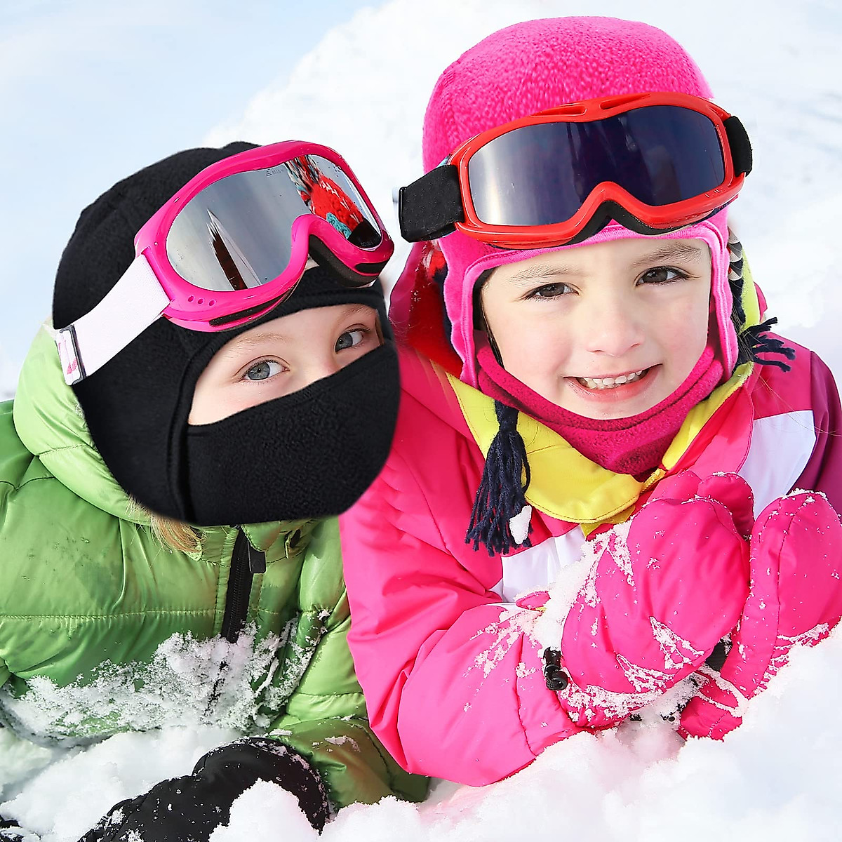 4 Pcs Kids Balaclava Ski Mask and Fleece Gloves Set Winter Hat Face Mask Warm Full Finger Glove for Boys Girls 8-12 Years Old (Black, Rose Red)