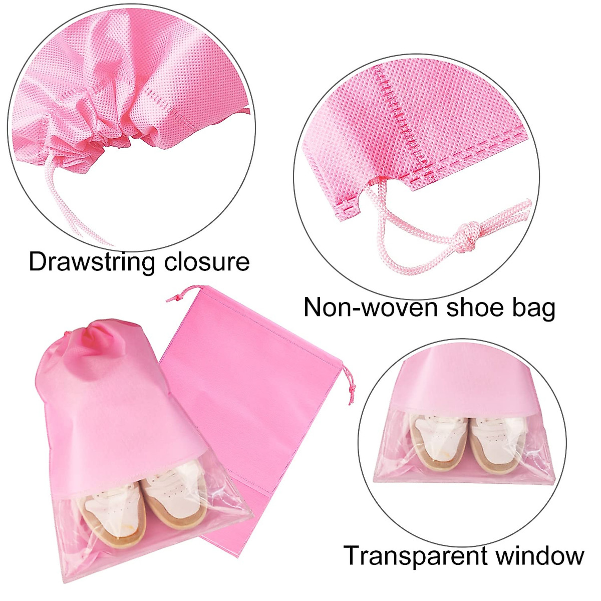 6 Pcs Travel Shoe Bags, ULIFEMALL Large Non-Woven Drawstring Shoes Storage Bag with Transparent Slot Clear Window Portable Waterproof Dustproof Pouch Packing Organizer for Men Women, Pink #1