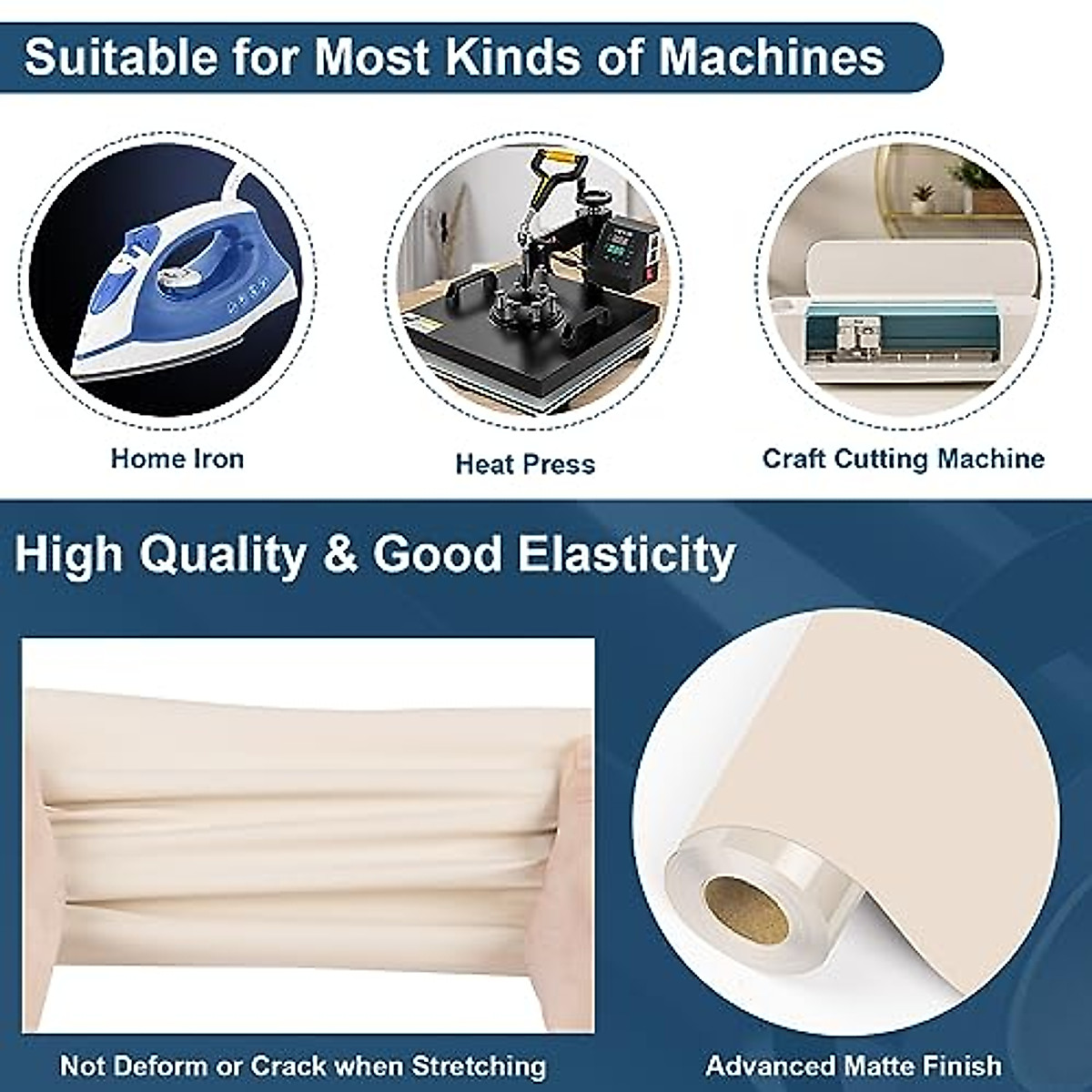 VINYL FROG Cream Heat Transfer Vinyl Rolls, 12" x25ft Cream Iron on Vinyl for Cricut & Cameo, Brown HTV Vinyl Roll for All Cutter Machine, Easy to Cut & Weed for Heat Press Design