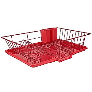 Dish Drying Rack (Red) | By Home Basics | Dish Drainers For Kitchen Counter | With Sloping Tray and Utensil Holder | Big Dish Drying Rack