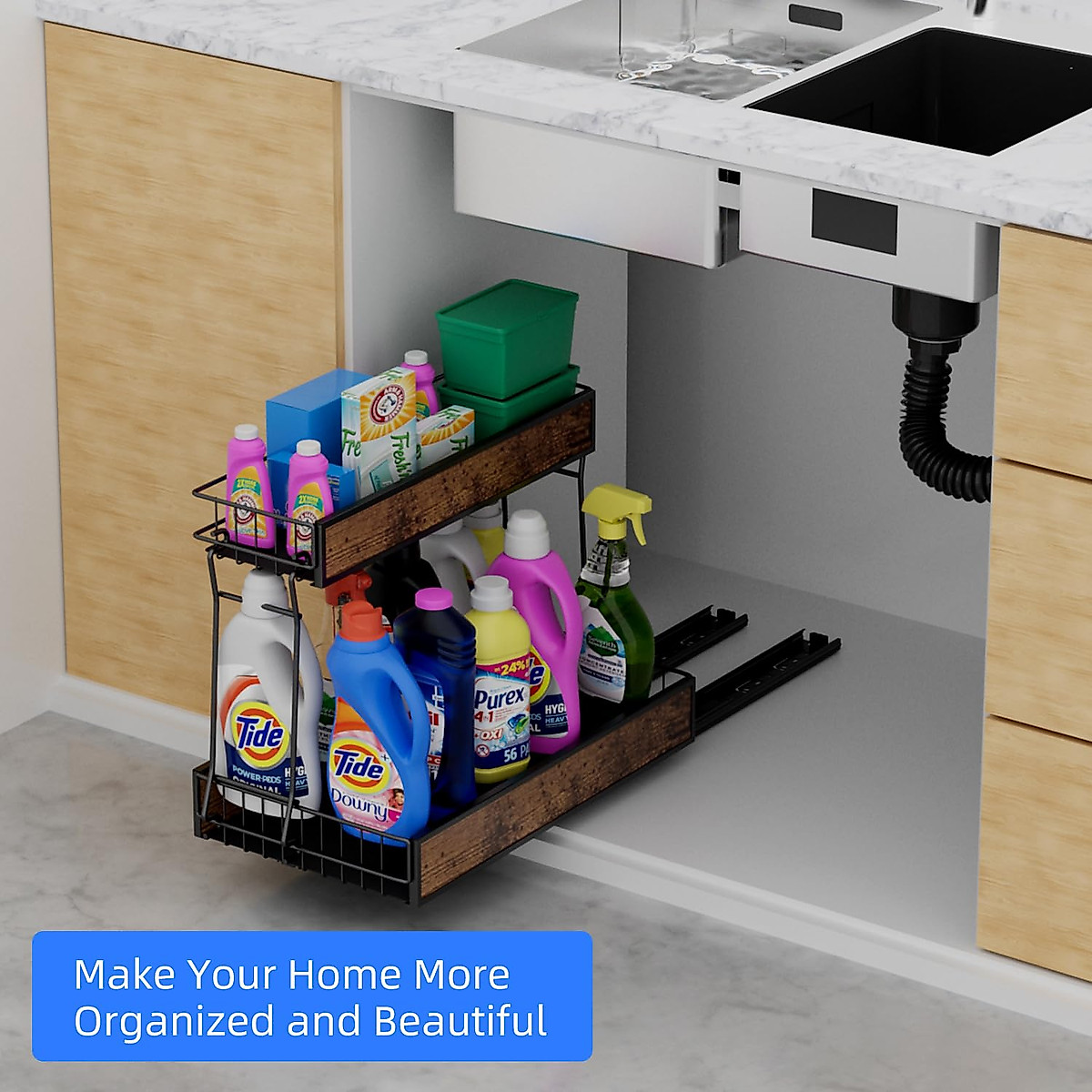 Lxmons 2-Tier Under Sink Slide Out Organizer, Pull Out Cabinet Storage Shelf with Sliding Storage Wire Basket Drawer for Bathroom Kitchen, Countertop or Pantry Storage Shelf, Black