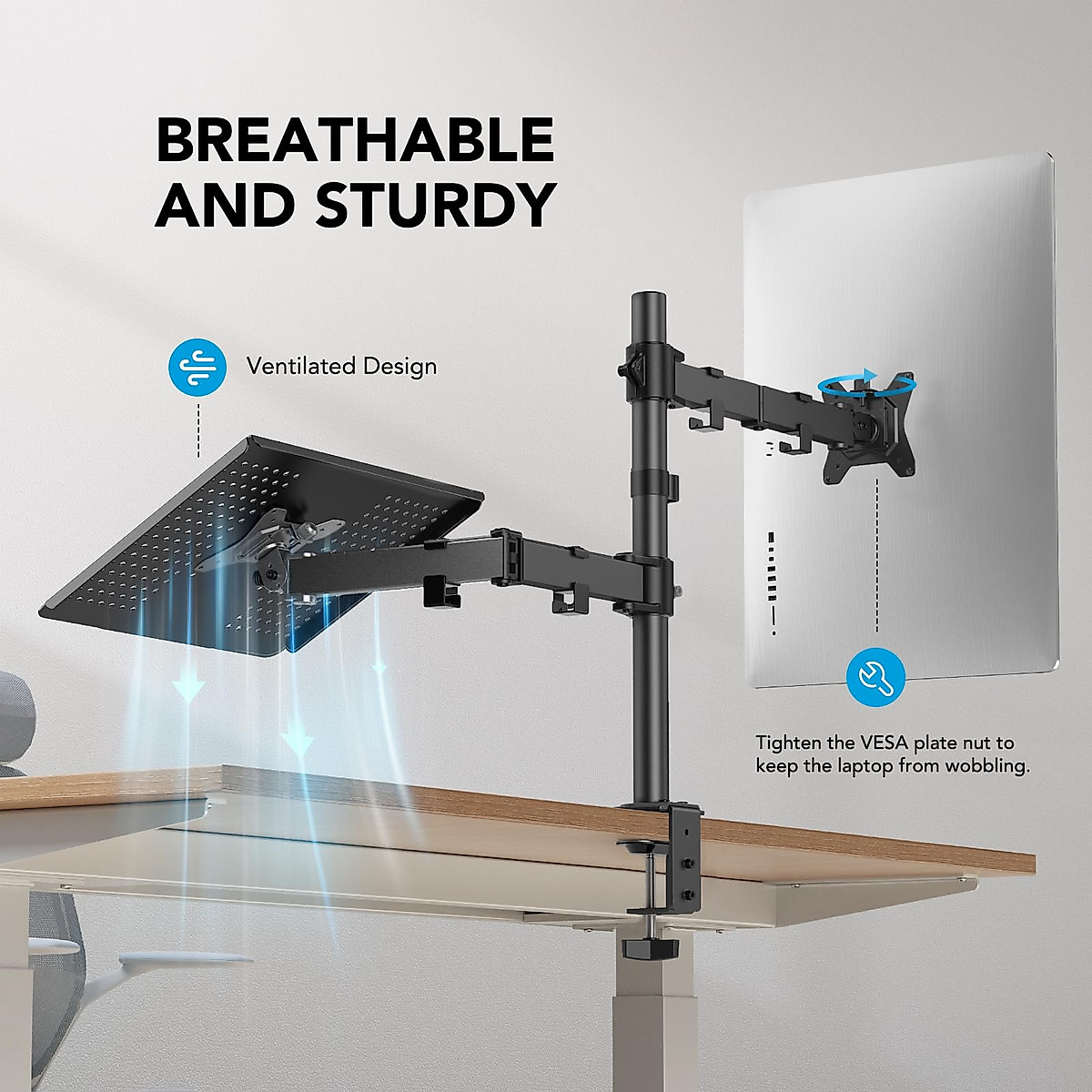 HUANUO Laptop Monitor Mount with Tray for 13- 27 inch, Fully Adjustable Laptop Notebook Desk Mount Stand up to 17 inch, Weight up to 22lbs, Extension with Clamp and Grommet Mounting Base