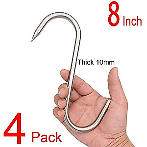 Alele 8 Inch Meat Hook 10mm Heavy Duty Stainless Steel Butcher Hooks for Hanging Beef (Meat Hook 10mm 8inch 4p)
