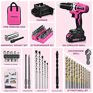 Pink Cordless Drill Set, 20V Lithium-ion Power Drill Set for Women with 67Pcs Drill Driver Bits, 3/8"Keyless Chuck, 25+1 Position Electric Drill, 2.0Ah Battery, Fast Charger and Storage Bag Included