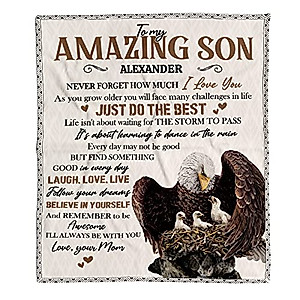 Toyshea Son Blanket from Mom to My Son Personalized Eagle Blankets Son Birthday Gifts from Mother Soft Flannel Fleece Sherpa Throws with Positive Energy Encourage Sayings Bed Couch Sofa Decoration