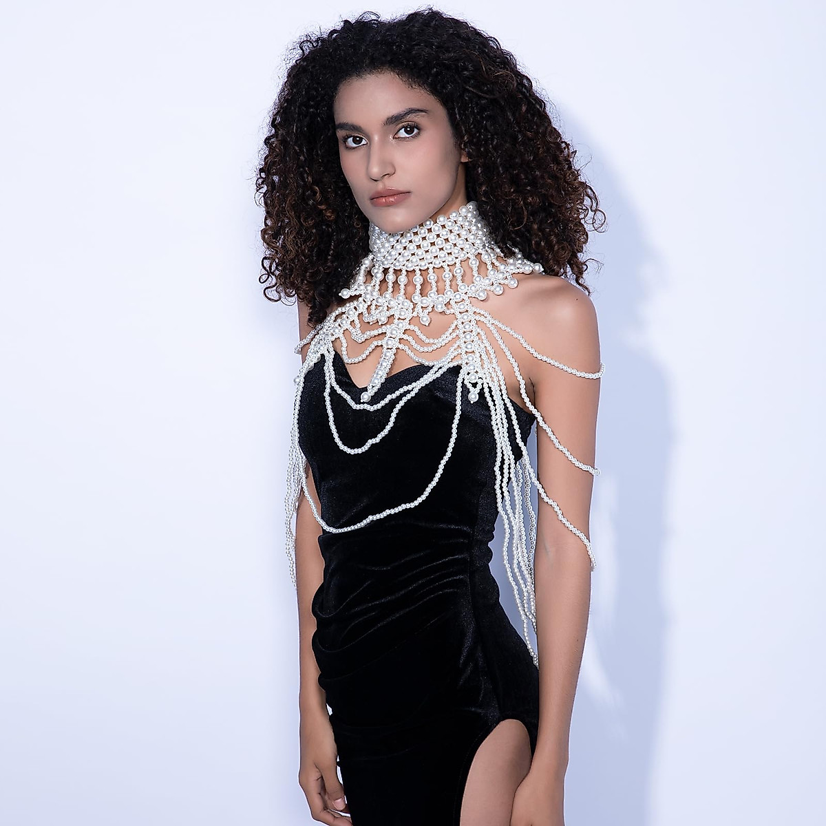 CCbodily Pearl Body Chain Bra - Fashion Shoulder Necklaces Bra Chain Body Jewelry(E-WHITE)