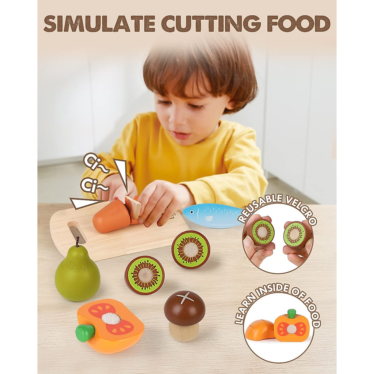 Lehoo Castle Wooden Play Food Sets for Kids Kitchen, Food Toys for Toddlers 3+ Year Old, with Shopping Bag, Pretend Food Play Kitchen Cutting Fruits Vegetables Toys, Gift for Boys Girls