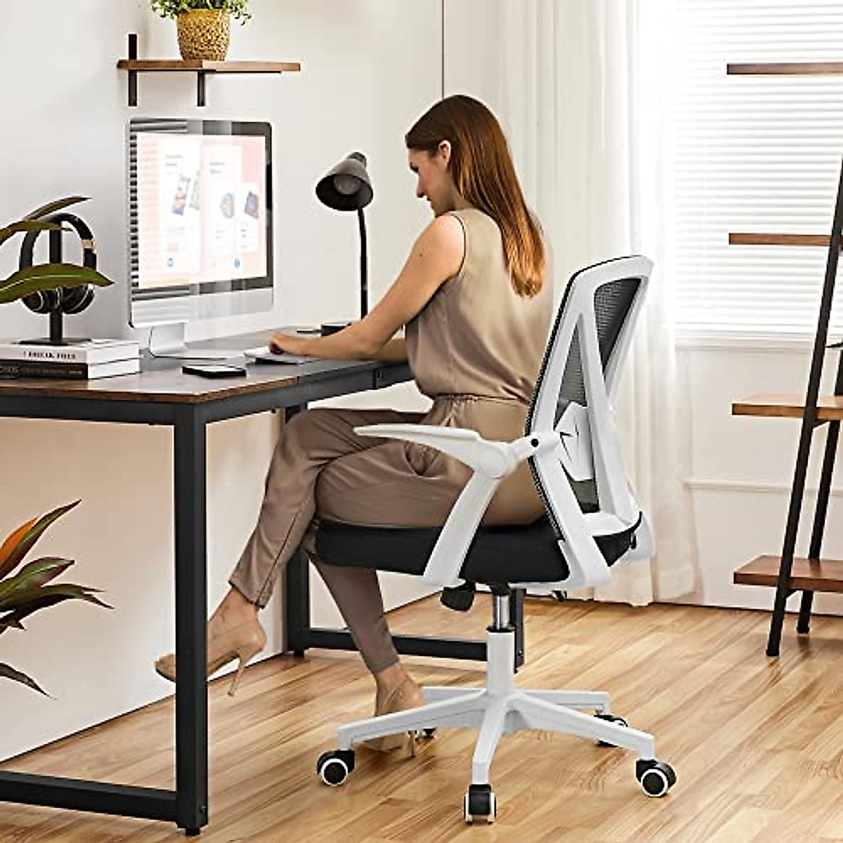 Topeakmart Office Chair Ergonomic Desk Chair with Adjustable Lumbar Support, Mid Back Mesh Computer Chair with Flip-up Armrests Task Chairs, Executive Chair for Home Office, White