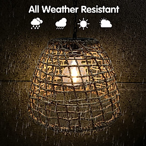 Outdoor Solar Hanging Lantern, Natural Seeweed Rattan Bamboo Woven Porch Patio Gazebo Pendent Chandelier Light Decorative Solar Powered Hanging Lamp for Front Door Garden