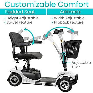 Vive 4 Wheel Mobility Scooter - Electric Powered Wheelchair Device - Compact Heavy Duty Mobile for Travel, Adults, Elderly - Long Range Power Extended Battery with Charger and Basket Included