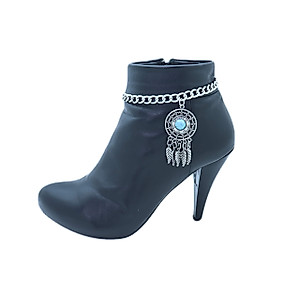 TFJ Women Western Fashion Jewelry Boot Bracelet Silver Metal Chain Shoe Native Style Feather Charm Turquoise Blue