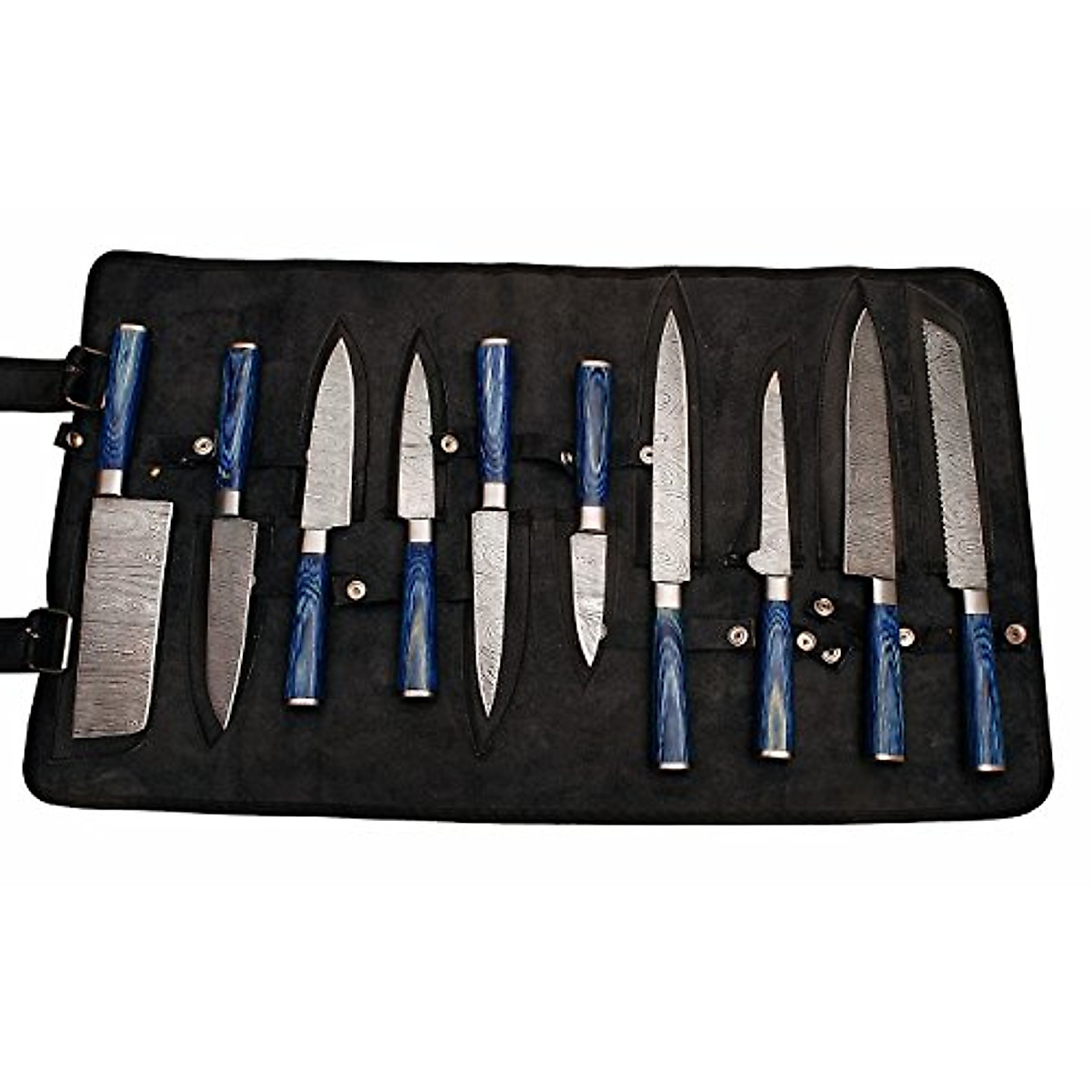G25- Professional Kitchen Knives Custom Made Damascus Steel 10 pcs of Professional Utility Chef Kitchen Knife Set Round Blue Wood Handle with Pocket Case Chef Knife Roll Bag by GladiatorsGuild