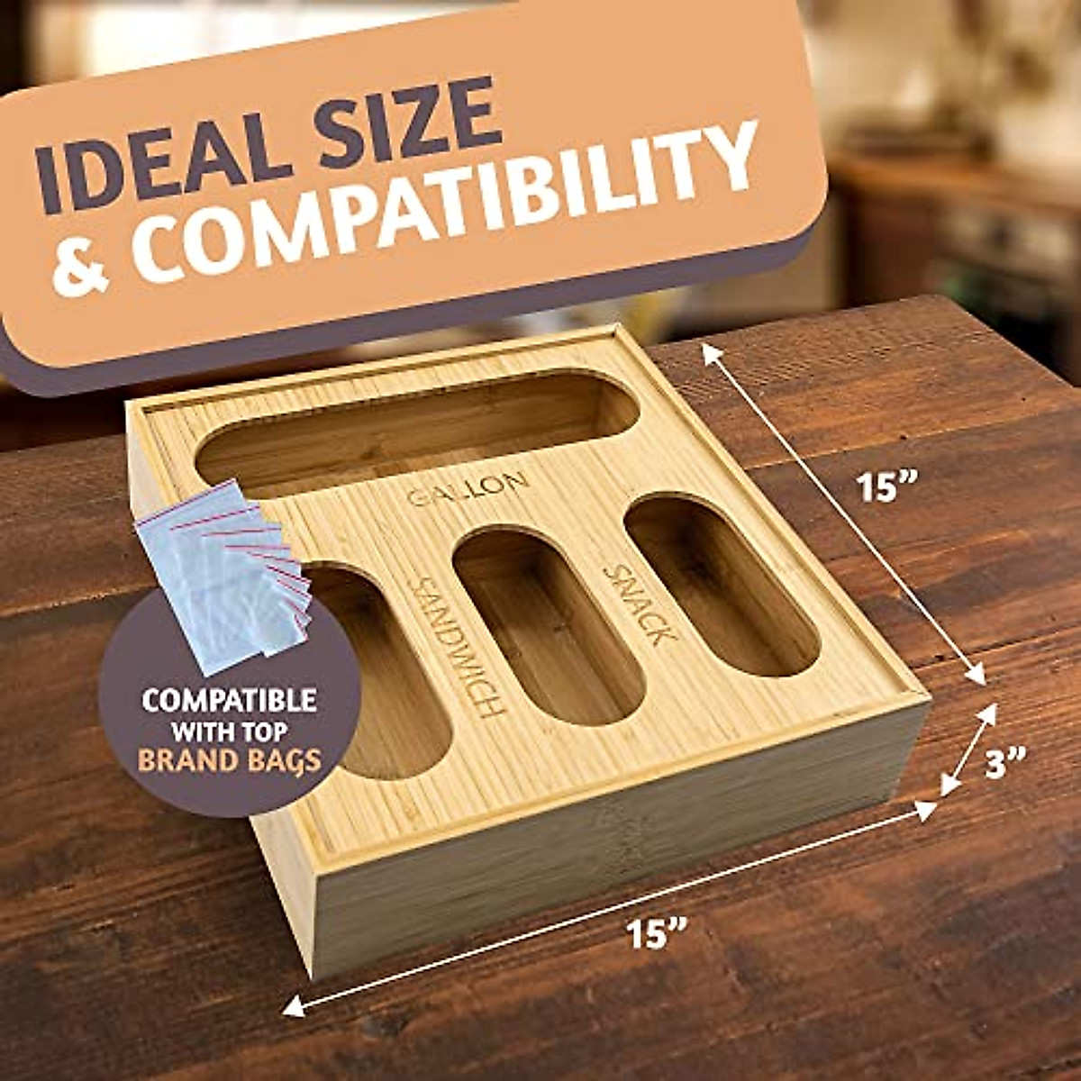 Bhouma - Ziplock Bag Drawer Organizer with Sliding door, Bamboo Kitchen Drawer Organizer, Drawer Divider for Quart, Snack, Sandwich & Gallon Bags, Kitchen Organizer, 15x15 inch, Rounded Interiors