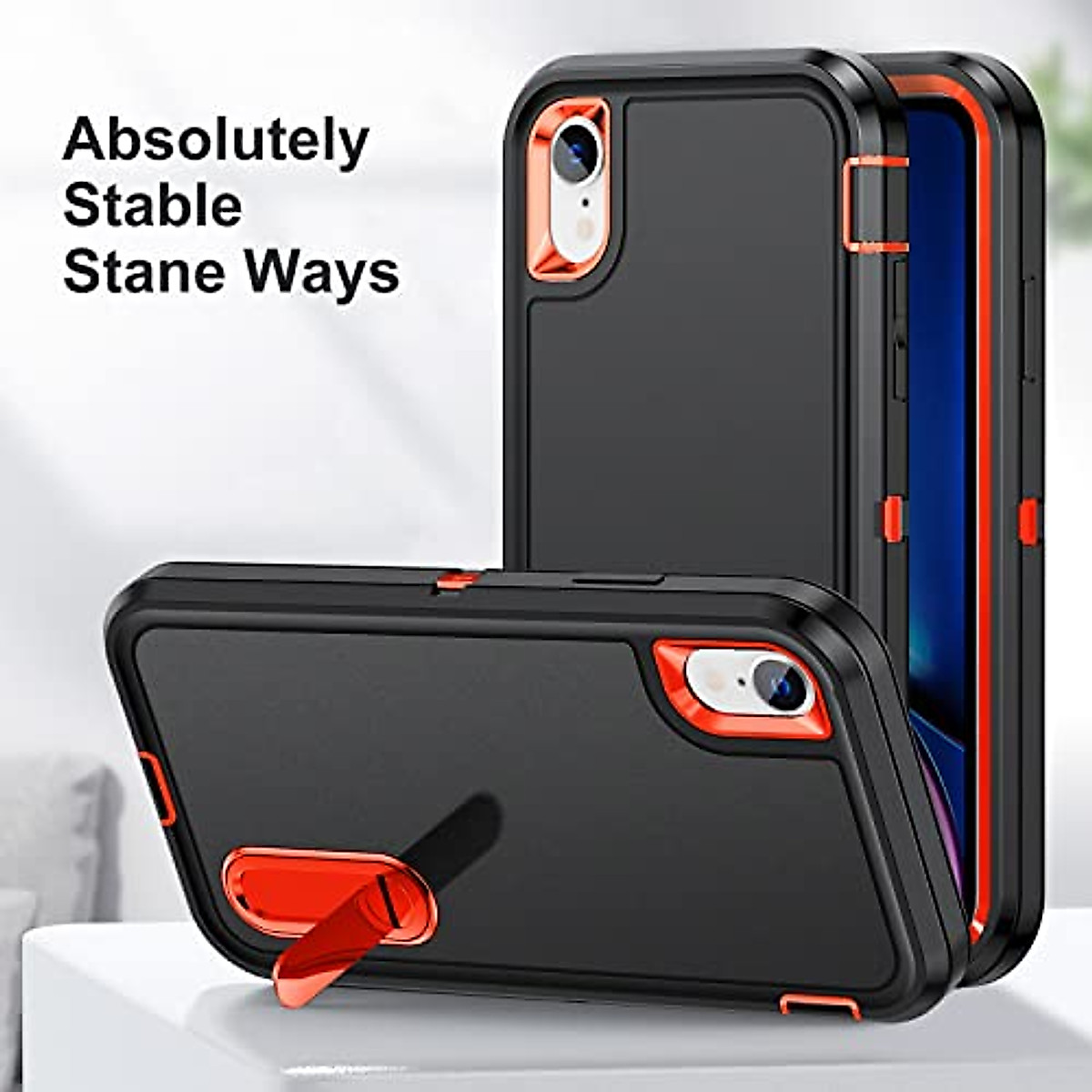IDweel iPhone XR Case with Build-in Kickstand,Heavy Duty Protection Shockproof Anti-Scratch Rugged Protective Durable Case Hard Cover for iPhone XR 6.1 Inch,Black/Orange