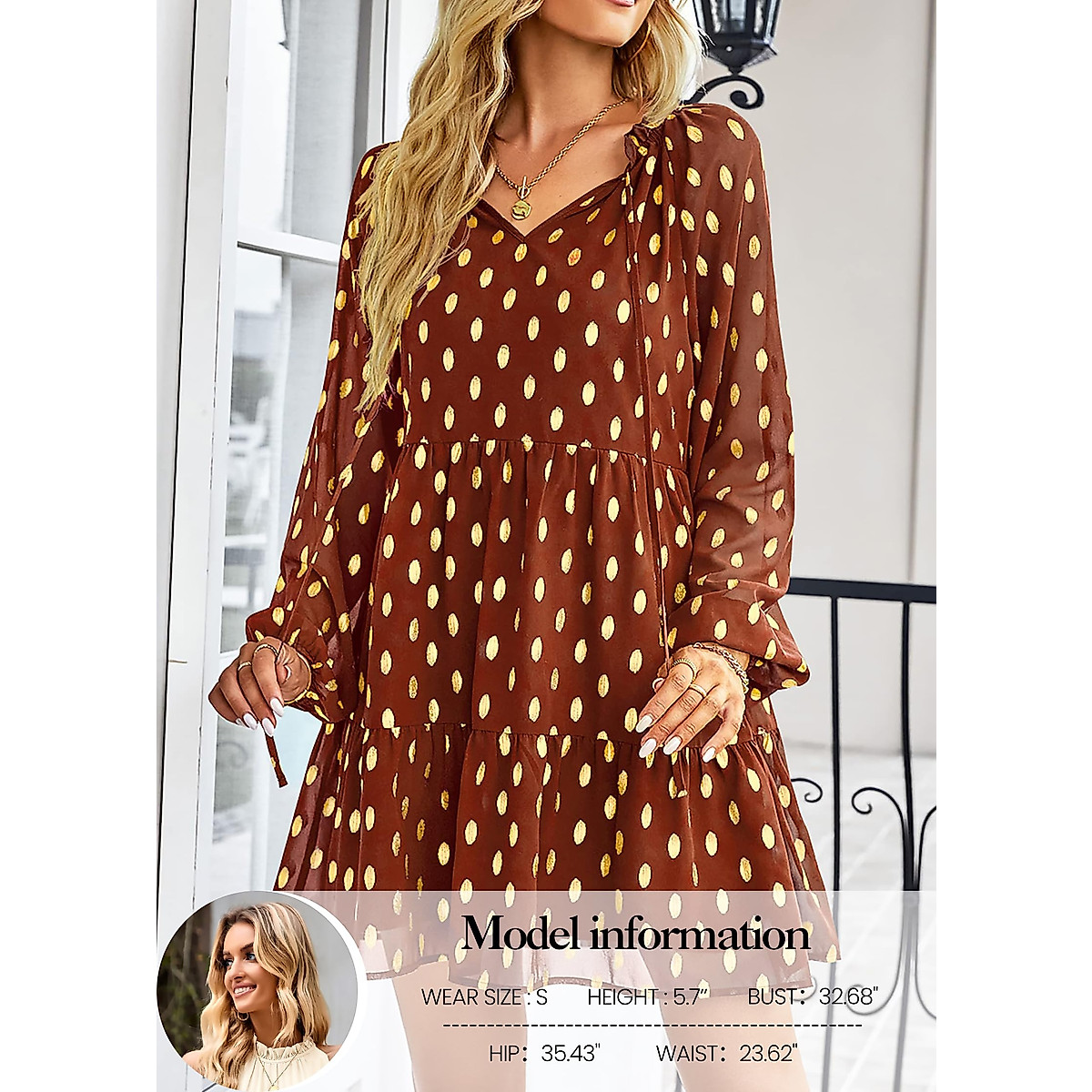 KIRUNDO Women's 2024 Fall Long Sleeve Gold Polka Dot Cute Babydoll Dress Casual V Neck Loose Tiered Flowy Mini Dress(Caremel, Medium)