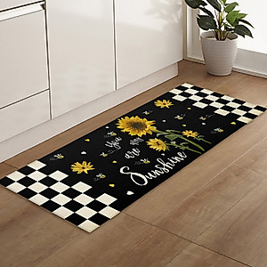 Kitchen Rugs Area Runner for Hallways Fall Sunflower Checker Black Back Non-Slip Accent Carpet Indoor Floor Long Doormat Farm Floral Bumblebee Sunshine Quotes Laundry Room Rug Entryway Runners