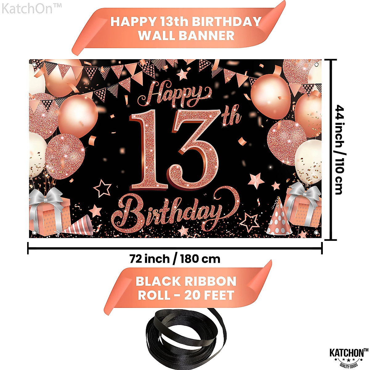 KatchOn Rose Gold Happy 13th Birthday Banner - XtraLarge, 72x44 Inch | Rose Gold and Black Happy 13th Birthday Decorations for Girls | Official Teenager Banner, 13 Year Old Birthday Supplies