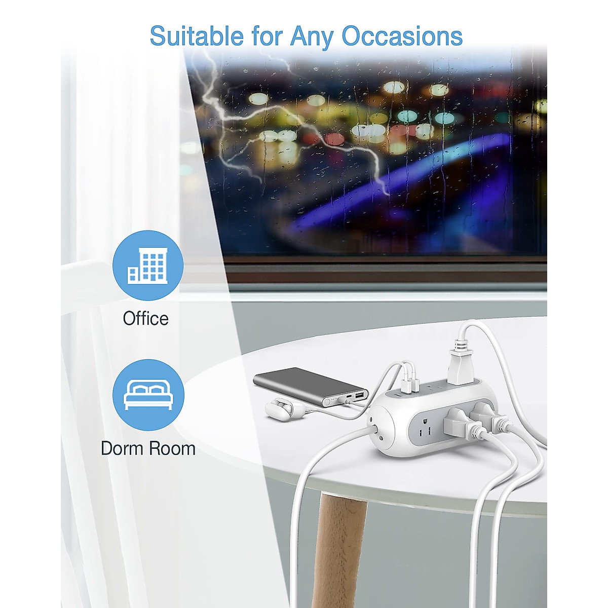 Surge Protector Power Strip with 3 USB, TESSAN Flat Plug Dorm Extension Cord with Multiple Outlets, Mountable 8 Widely Spaced Outlets, 1050J Protection, 6.5 Feet Desk Charging Station for Office