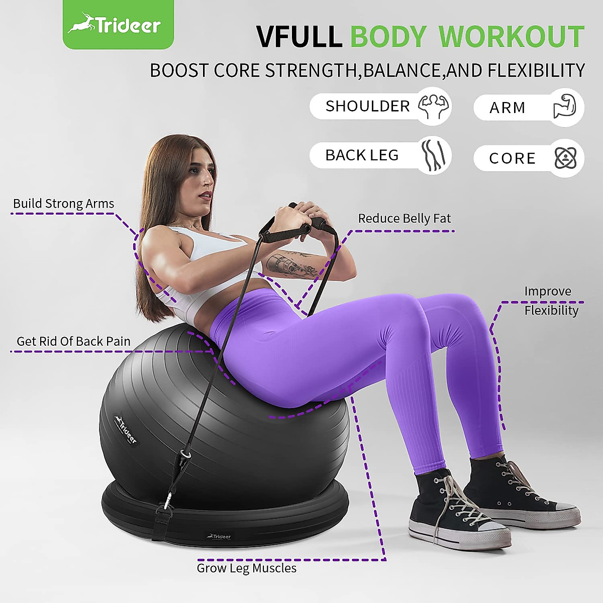 Trideer Ball Chair Yoga Ball Chair Exercise Ball Chair with Base & Bands for Home Gym Workout Ball for Abs, Stability Ball & Balance Ball Seat to Relieve Back Pain (Black with Bands, 75cm)