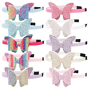 WANYU 10 Pcs Butterfly Bow Headabands For Girls,Glitter Hairbands 3 Inch Sequin Hairbow Rainbow Head Bands For Kids Toddler Girl Hair Accessories