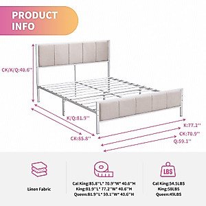 Mixoy Cal King Metal Bed Frame, Linen Platform Bed Frame with Upholstered Headboard, Heavy Duty Metal Mattress Foundation, Strong Metal Slat Support, No Box Spring Needed (Cal King/Beige)