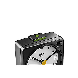 Braun Classic Travel Analogue Alarm Clock with Snooze and Light, Compact Size, Quiet Quartz Movement, Crescendo Beep Alarm in Black and White, Model BC02XBW.