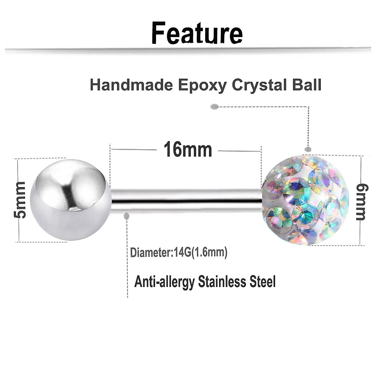 ZHIYAOR Anti-allergy Surgical Steel Tongue Rings Women Handmade Epoxy Crystal Piercing Barbells 14G 16mm (AB+Blue+Pink+White)