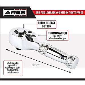 ARES 42035-1/4-Inch Drive 72-Tooth Stubby Ratchet - Chrome Vanadium Steel Construction and Mirror Polish Finish - 3.35-Inch Length - Quick Release Reversible Head